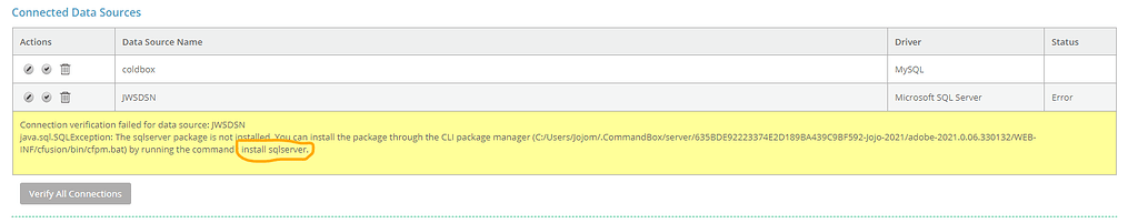 I am getting this error when adding sql server dsn - CommandBox CLI ...